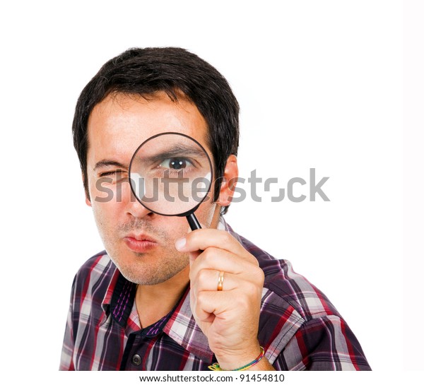 Funny Young Man Looking Through Magnifying Stock Photo (Edit Now) 91454810
