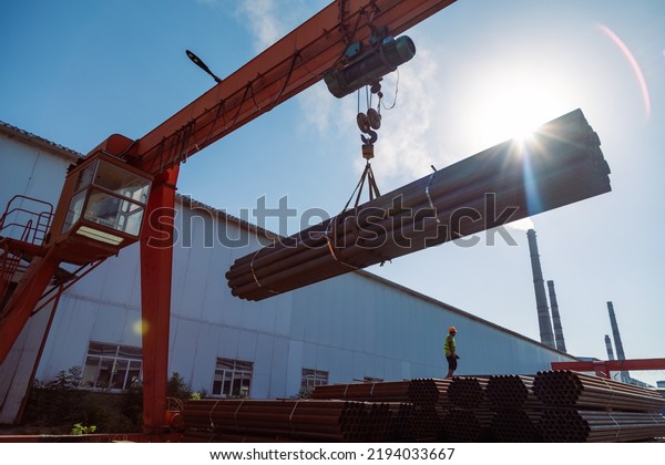 Gantry Crane Transporting Stack Metal Pipes Stock Photo 2194033667 ...