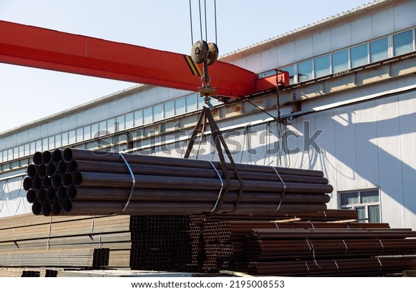 Gantry Crane Transporting Stack Metal Pipes Stock Photo 2195008553 ...