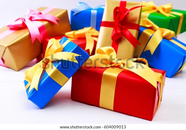 Gift Boxes Bow Colored Presents Wrapped Stock Photo 604009013 ...