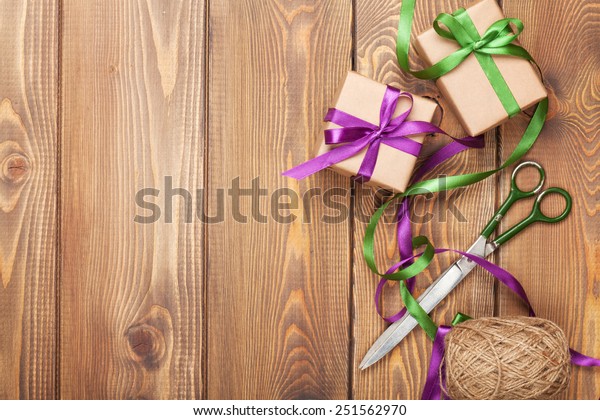 Gift Wrapping Boxes Scissors Over Wooden Stock Photo (Edit Now) 251562970