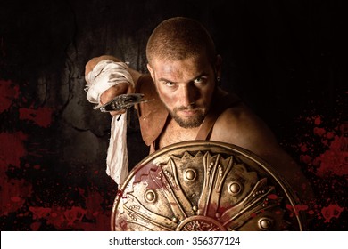 Gladiator Posing Shield Sword Dark Background Stock Photo 356377124 ...