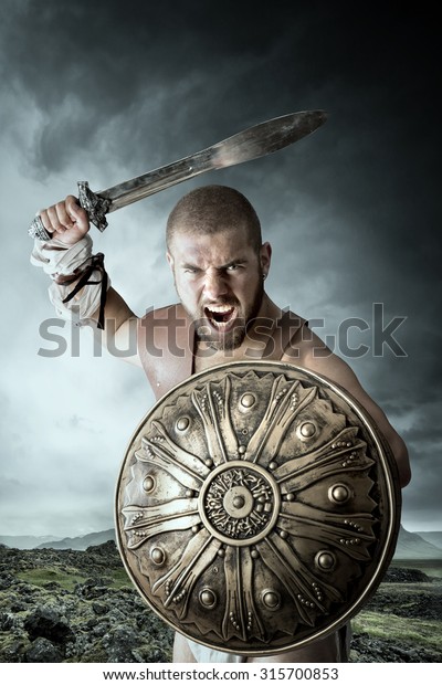 Gladiator Warrior Posing Shield Sword Outdoors Stock Photo 315700853 ...