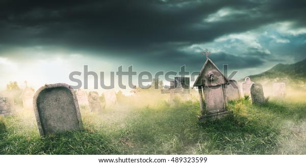 Graveyard Fog Dramatic Lighting Stock Photo (Edit Now) 489323599