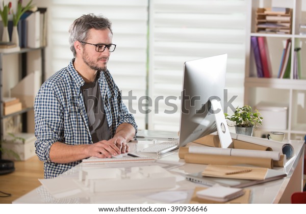 Gray Haired Architect Wearing Beard Sitting Stock Photo 390936646 ...