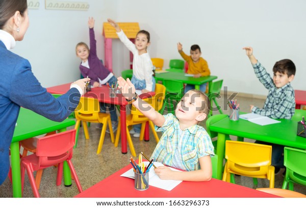 Group Cheerful Studious Pupils Studying Elementary Stock Photo ...