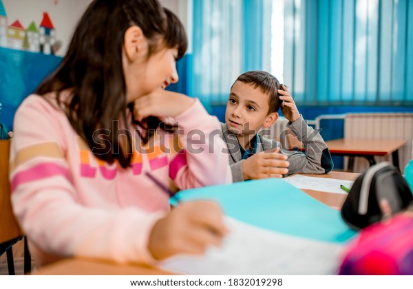 Group Elementary Students Writing Learning Classroom Stock Photo ...