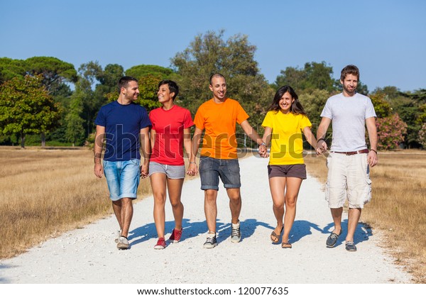 Group Friends Walking Outside Stock Photo (Edit Now) 120077635 Group Friends Walking Outside Stock Photo (Edit Now) 120077635