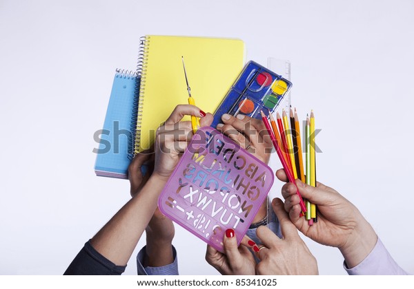 Group Hands Holding Education Objects Selective Stock Photo 85341025 ...