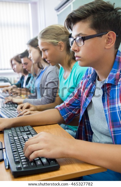 Group Students Working Computers Classroom Stock Photo 465327782 ...