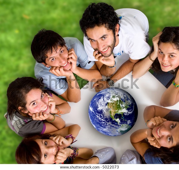 Group Young Ecologists Smiling Camera Globe Stock Photo 5022073 ...