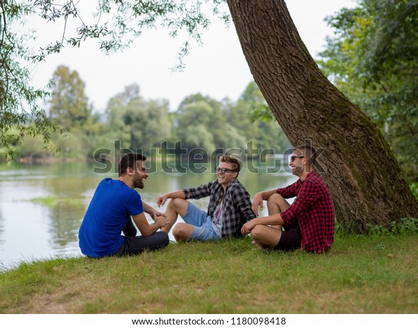 Group Young Men Enjoying Nature Sitting Stock Photo 1180098418 ...