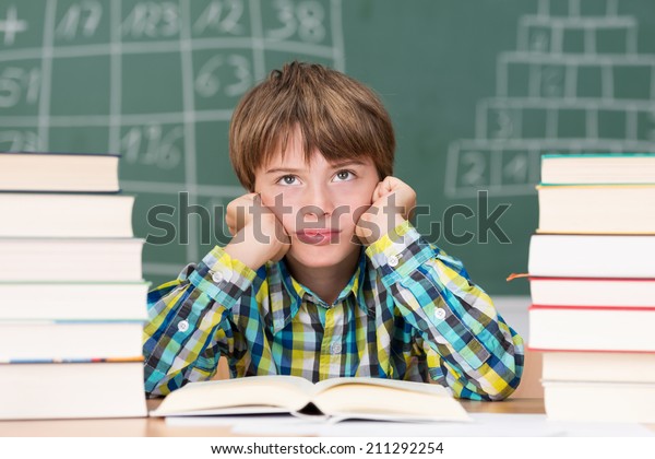 Grumpy Little Boy Class Sitting Between Stock Photo 211292254 ...