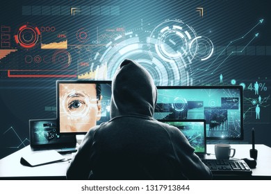 Hacker Desk Using Computer Glowing Interface Stock Photo 1310774756 ...