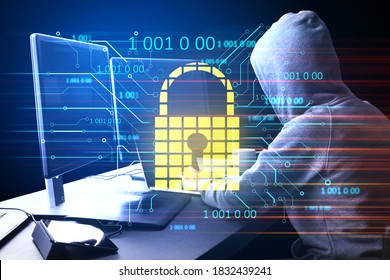 Hacker Desktop Using Computer Glowing Padlock Stock Photo 1832439241 ...