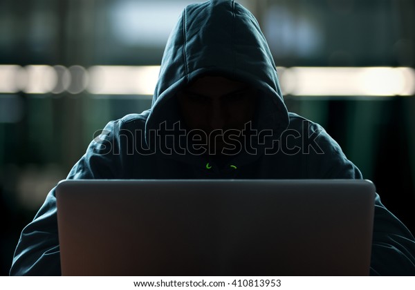Hacker Front His Computer Dark Face Stock Photo 410813953 | Shutterstock
