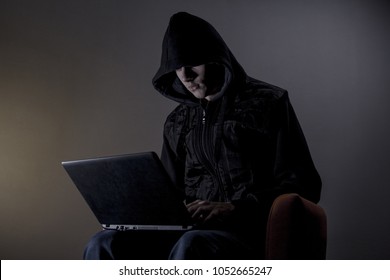 Anonymous Hacker Standing Laptop Over Dark Stock Photo (Edit Now ...