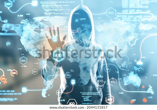 Hacker Using Creative Glowing Ico Hologram Stock Photo 2044131857 ...