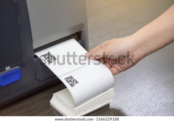 Hand Barcode Label Printer Printing Barcode Stock Photo 1566329188 ...