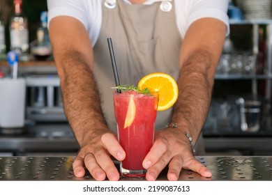 Hand Bartender Serving Fresh Red Purple Stock Photo 2199087613 ...