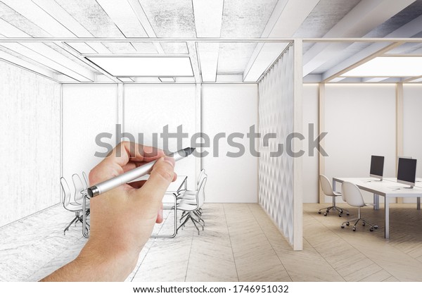 Hand Drawing Office Interior Computers Meeting Stock Photo 1746951032 ...