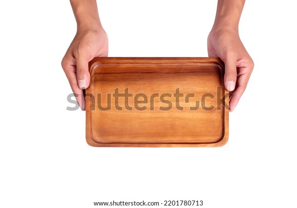Hand Holding Rectangular Wooden Tray Isolated Stock Photo 2201780713 ...