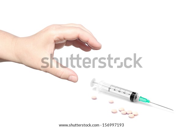 Hand Pulling Syringe Tablets Isolated On Stockfoto (redigera nu) 156997193