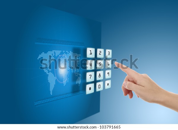 Hand Pushing Touch Screen Button Blue Stock Photo (Edit Now) 103791665