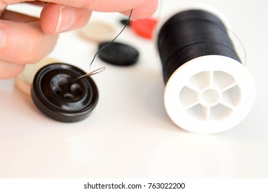 Hand Threading Needle Black Thread Buttons Stock Photo 763023184 ...