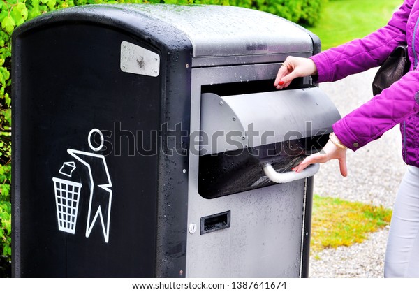 Hand Throwing Garbage Empty Recycling Bina Stock Photo 1387641674 ...