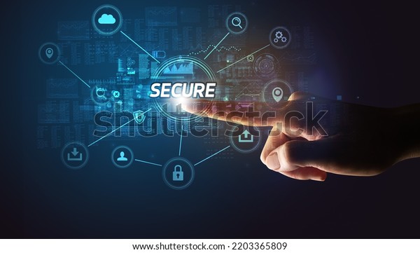 Hand Touching Cybersecurity Button Concept Stock Photo 2203365809 ...