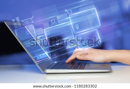 Hand Using Laptop with Database Reports and Online Work Image ...