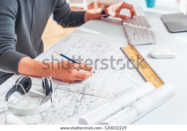 Hands Engineer Drawing On Architectural Project Stock Photo (Edit Now ...