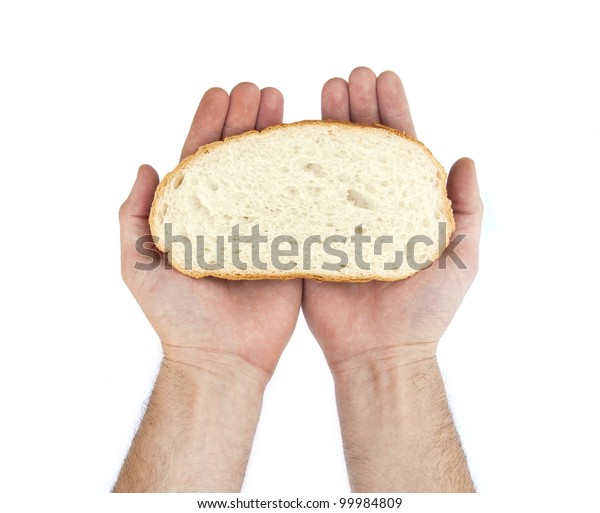 Hands Hold Slice Bread Isolated On Stock Photo (Edit Now) 99984809