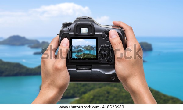Hands Holding Camera Which Taking Photo Stock Photo 418523689 ...