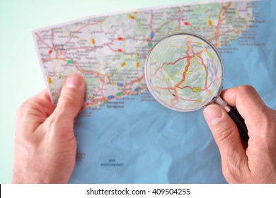 Hands Picking Map Looking Location Magnifying Stock Photo 409504255 ...