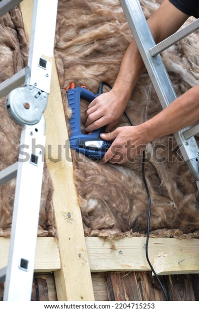 Hands Worker Attaching Insulation Material Stapler Stock Photo ...