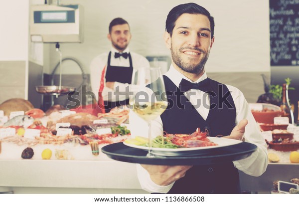 Handsome Bearded Waiter Standing Serving Tray Stock Photo 1136866508 ...