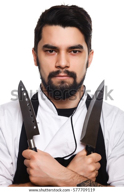 Handsome Chef Sharp Knives Posing Studio Stock Photo 577709119 ...