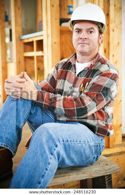 Handsome Construction Worker Sitting Down Rest Stock Photo 248516230 ...