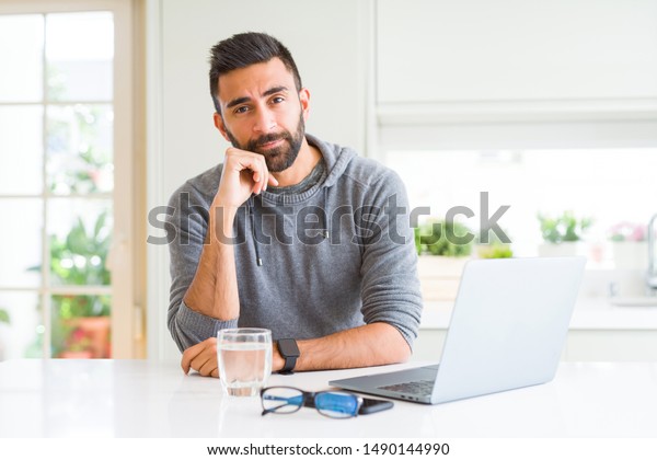 Handsome Hispanic Man Working Using Computer Stock Photo 1490144990 ...