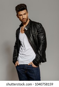 Sexy Male Model Wearing Leather Jacket Foto Stok 1040758165 | Shutterstock