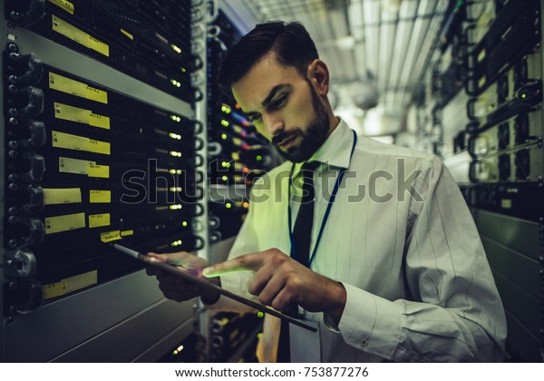 Handsome Man Working Data Centre Tablet Stock Photo 753877276 ...