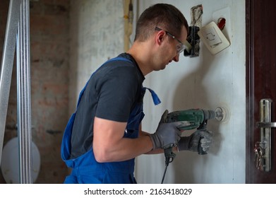 Handyman Using Drill Machine Make Hole Stock Photo 2163418029 ...