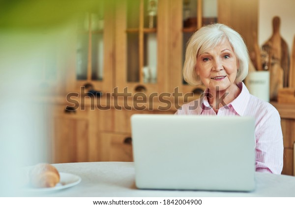 Happy Elder Female Using Computer Home Stock Photo 1842004900 ...
