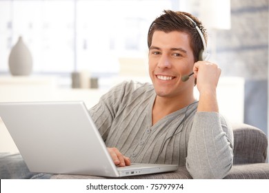Happy Guy Using Headset Laptop Computer Stock Photo 75797974 | Shutterstock
