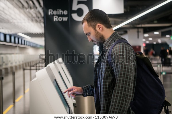Happy Man Using Checkin Machine Airport Stock Photo 1153094693 ...