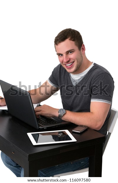 Happy Man Using Pc Smiling While Stock Photo 116097580 | Shutterstock