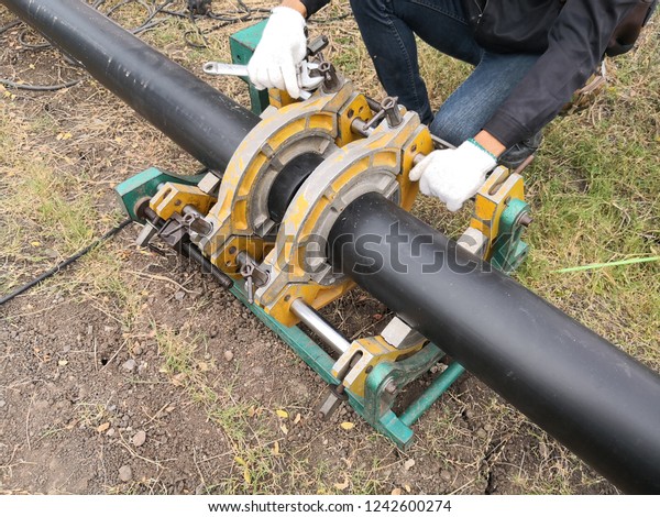 High Density Polyethylene Pipe Welding Wastewater Stock Photo ...