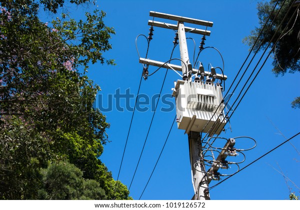 High Voltage Electrical Transformer Tree Blue Stock Photo 1019126572 ...